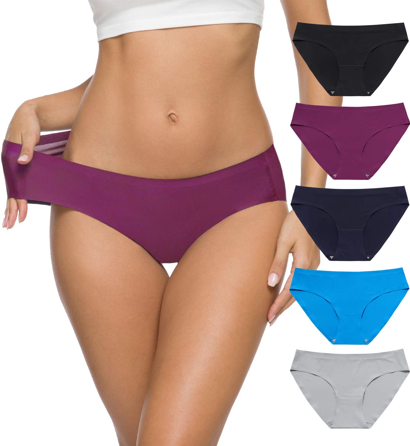 Wealurre Seamless Underwear for Women No Show Panties Soft Stretch Hipster Bikini Underwears 5-Pack (826L-Black & Gray)