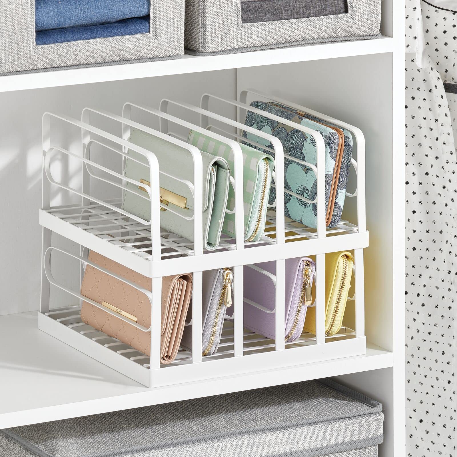 mDesign Metal Divided Stackable Purse Organizer for Closets, Bedrooms, Dressers, Shelves - Closet Shelf Storage Solution for Purses, Clutches, Wallets, Accessories - 5 Sections, 2 Pack - Matte White