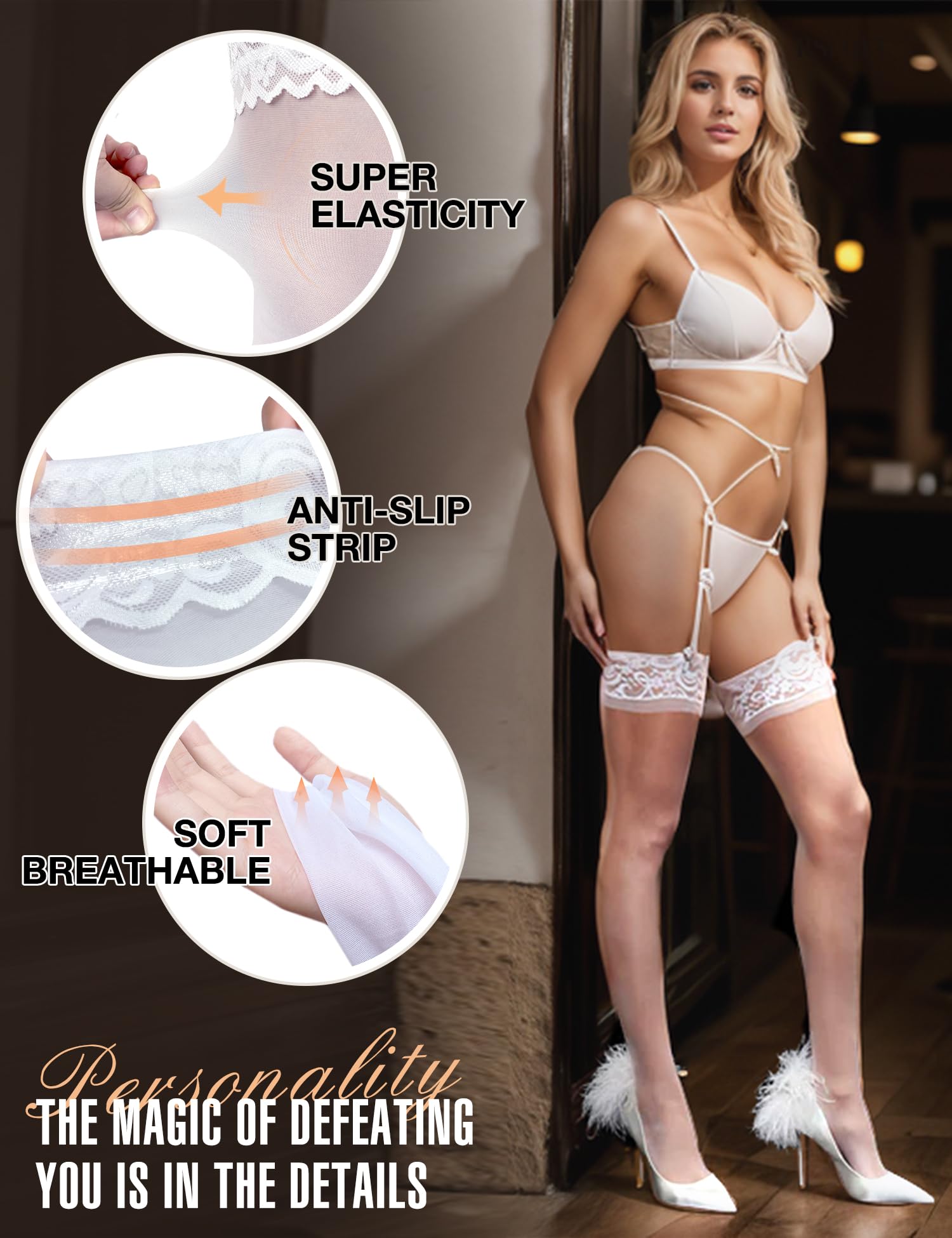 RSLOVE Women's Lace Top Thigh High Sheer Stockings Antiskid Silicone Ultra Shimmery Pantyhose White One Size