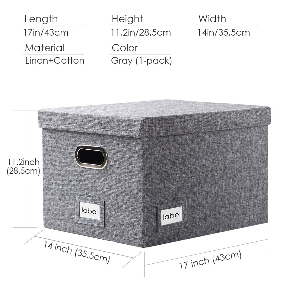 Prandom File Organizer Box - Set of 1 Collapsible Decorative Linen Filing Storage Hanging File Folders with Lids Office Cabinet Letter/Legal Size Grey (17x14x11.2 inch)