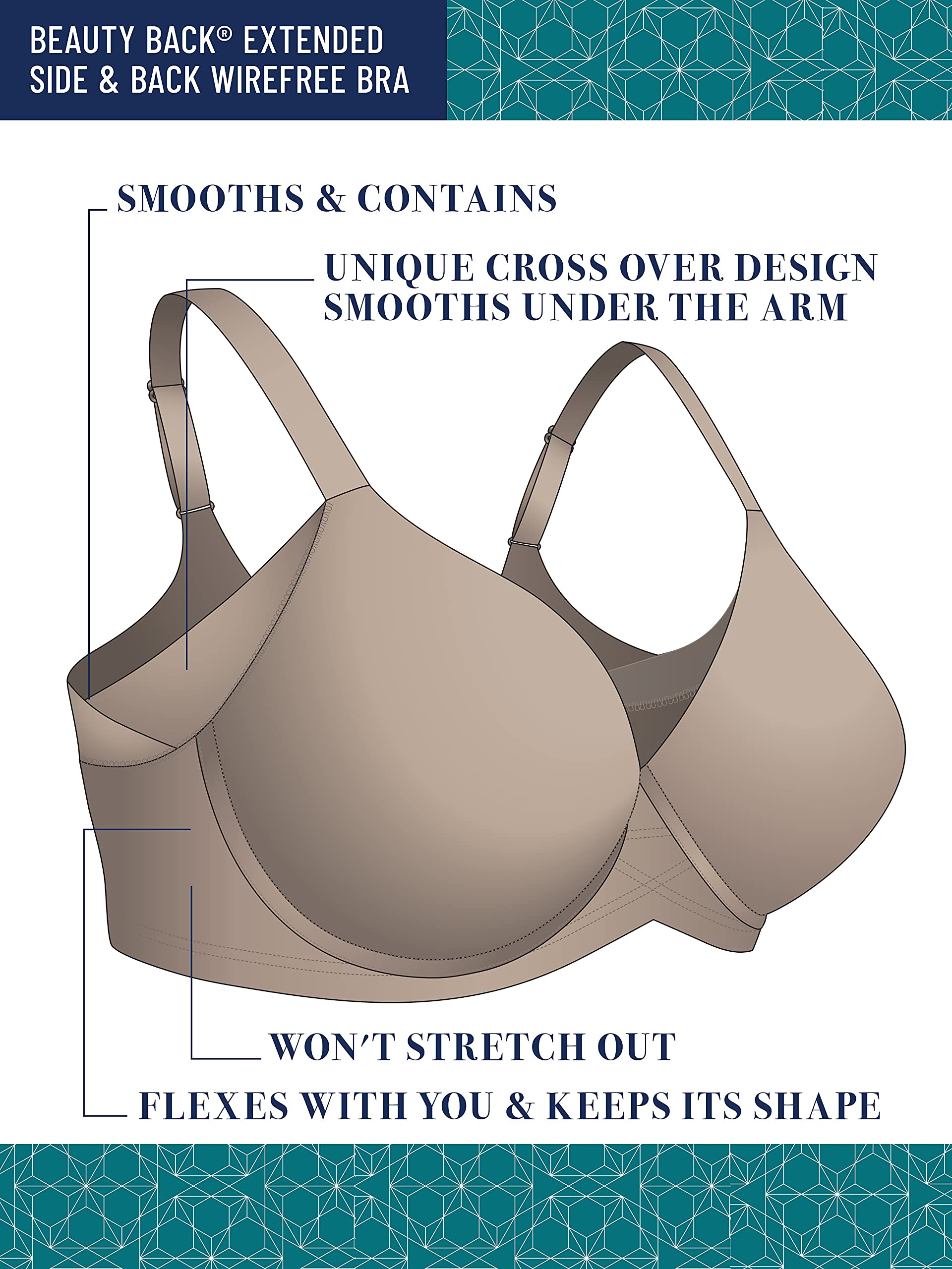 Vanity Fair Women's Full Figure Wireless Bra, Extended Side & Back Smoothing, Lightly Lined Cups up to DDD, Quartz, 44B