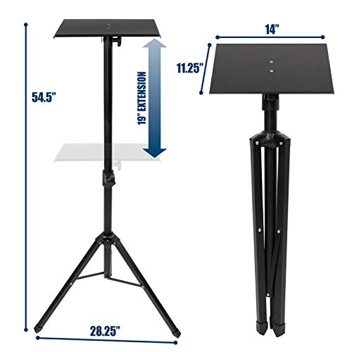 Mount-It! Tripod Projector Stand, Adjustable DJ Laptop Stand with Height and Tilt Adjustment, Portable Laptop Projector Table with Steel Tripod Base and Tray, Black