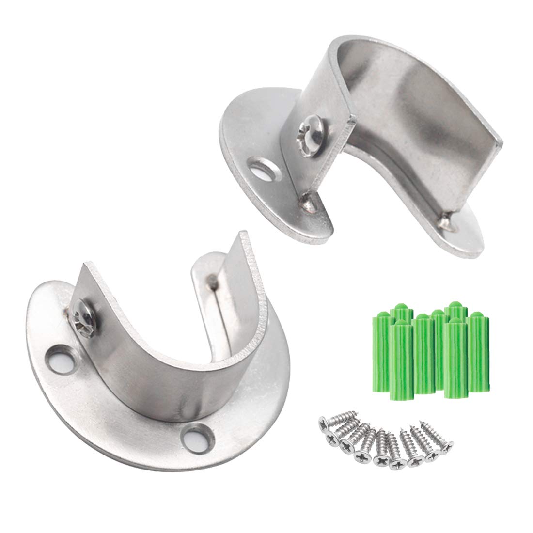 Seimneire 2pcs Heavy Duty Stainless Steel Rod Socket, Wardrobe Bracket Flange Rod Holder Closet Rod End Supports Fit 1-1/3" Diameter, U Shaped - Silver