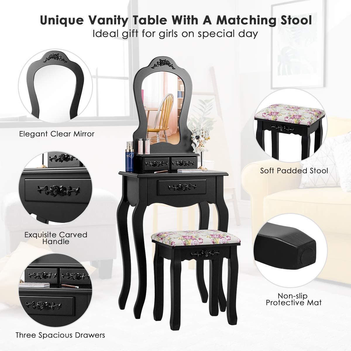 SPSUPE Vanity Table Set with Stool & Mirror, Multifunction Makeup Table Writing Desk with Drawers, Fan-Shaped Mirror & Cushioned Stool, for Home Bedroom Contemporary Dressing Table Desk, White