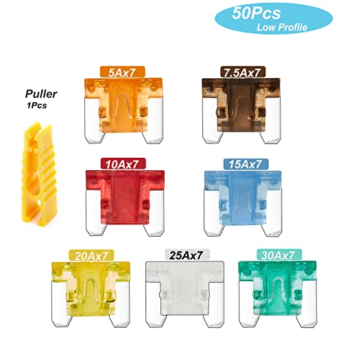 Chanzon Micro Low Profile Mini Blade Fuse Assortment Kit Box (5A 7.5A 10A 15A 20A 25A 30A) for Auto Car Truck RV Automotive Motor Boat Replacement 50pcs