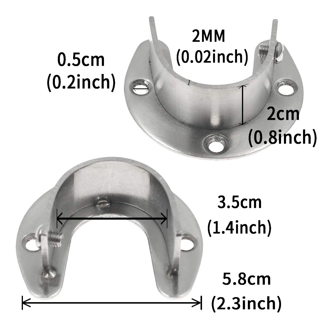 Seimneire 2pcs Heavy Duty Stainless Steel Rod Socket, Wardrobe Bracket Flange Rod Holder Closet Rod End Supports Fit 1-1/3" Diameter, U Shaped - Silver