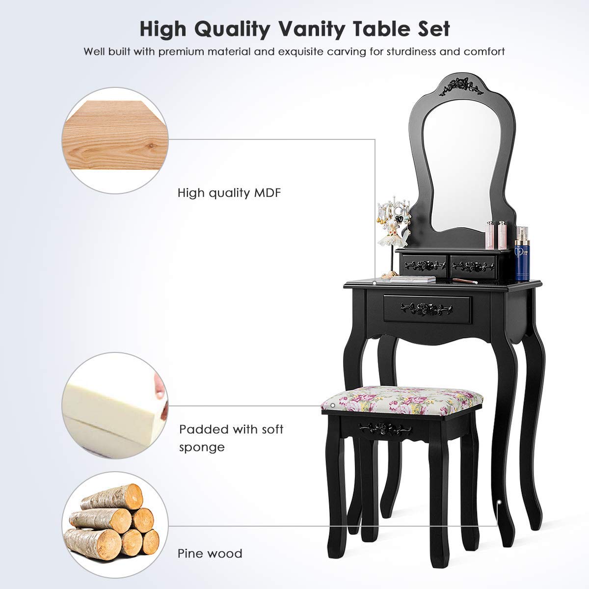 SPSUPE Vanity Table Set with Stool & Mirror, Multifunction Makeup Table Writing Desk with Drawers, Fan-Shaped Mirror & Cushioned Stool, for Home Bedroom Contemporary Dressing Table Desk, White
