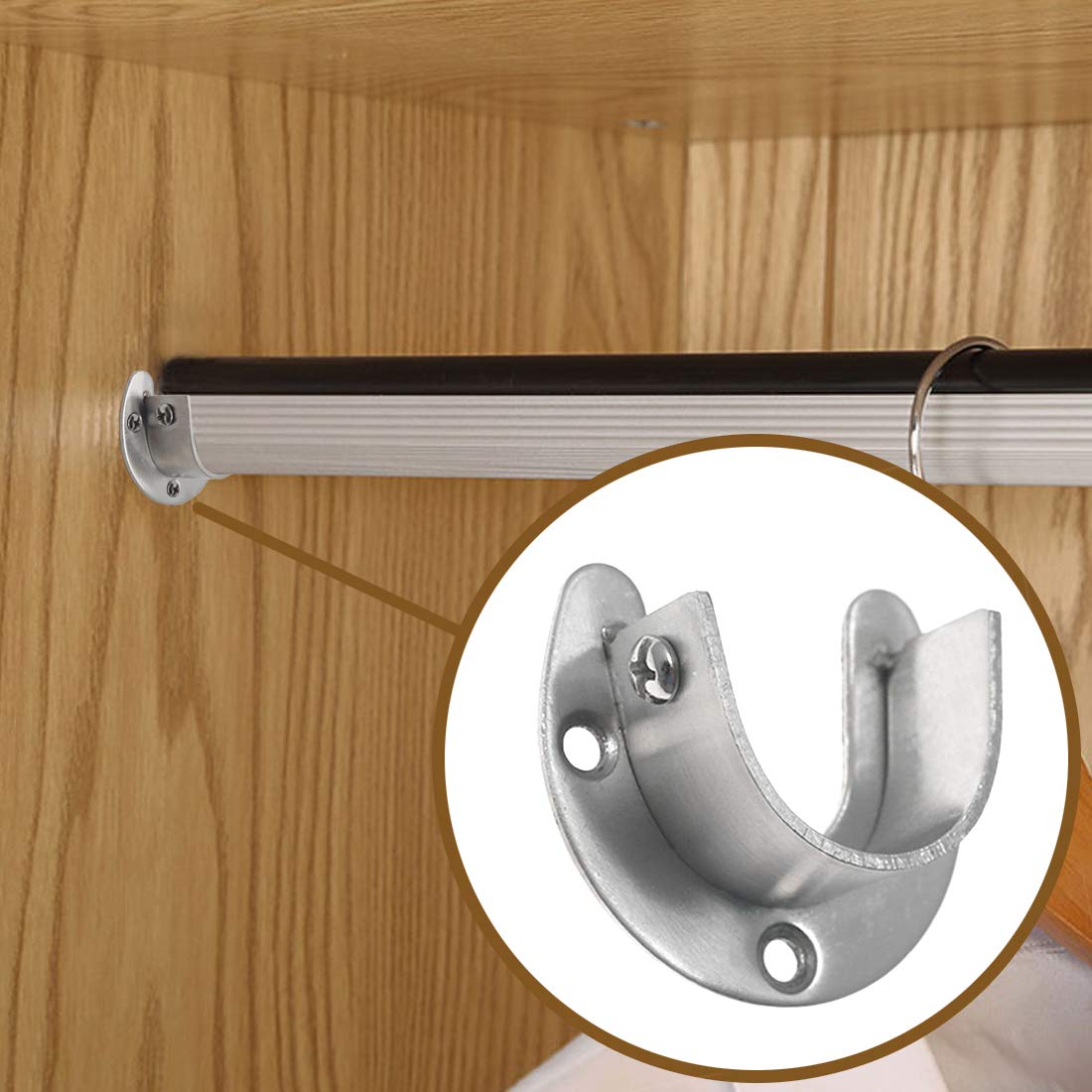 Seimneire 2pcs Heavy Duty Stainless Steel Rod Socket, Wardrobe Bracket Flange Rod Holder Closet Rod End Supports Fit 1-1/3" Diameter, U Shaped - Silver
