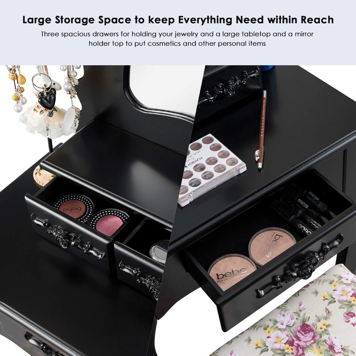SPSUPE Vanity Table Set with Stool & Mirror, Multifunction Makeup Table Writing Desk with Drawers, Fan-Shaped Mirror & Cushioned Stool, for Home Bedroom Contemporary Dressing Table Desk, White