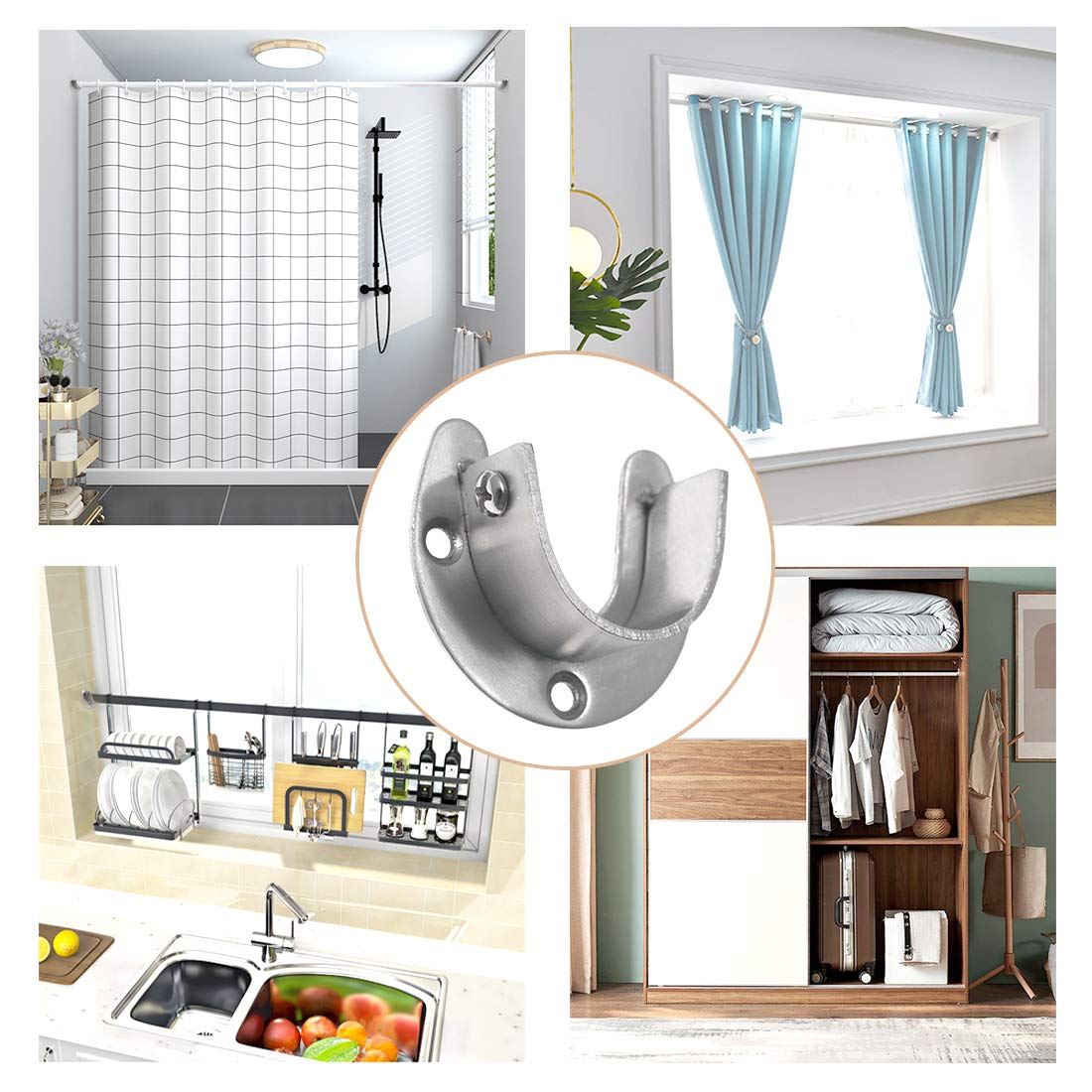 Seimneire 2pcs Heavy Duty Stainless Steel Rod Socket, Wardrobe Bracket Flange Rod Holder Closet Rod End Supports Fit 1-1/3" Diameter, U Shaped - Silver