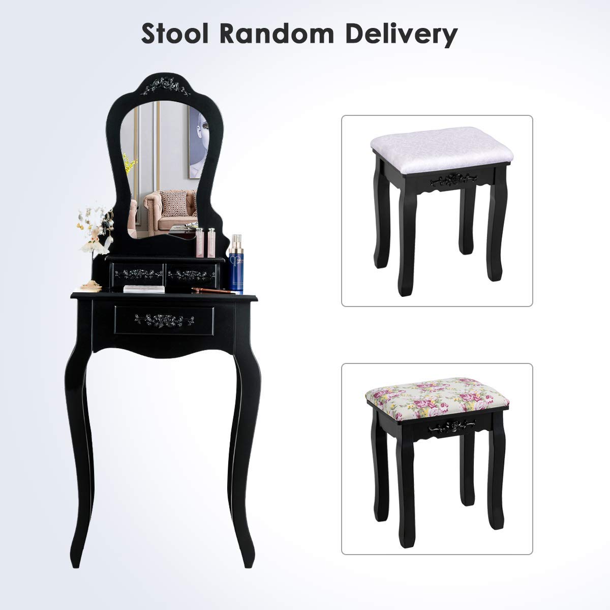 SPSUPE Vanity Table Set with Stool & Mirror, Multifunction Makeup Table Writing Desk with Drawers, Fan-Shaped Mirror & Cushioned Stool, for Home Bedroom Contemporary Dressing Table Desk, White