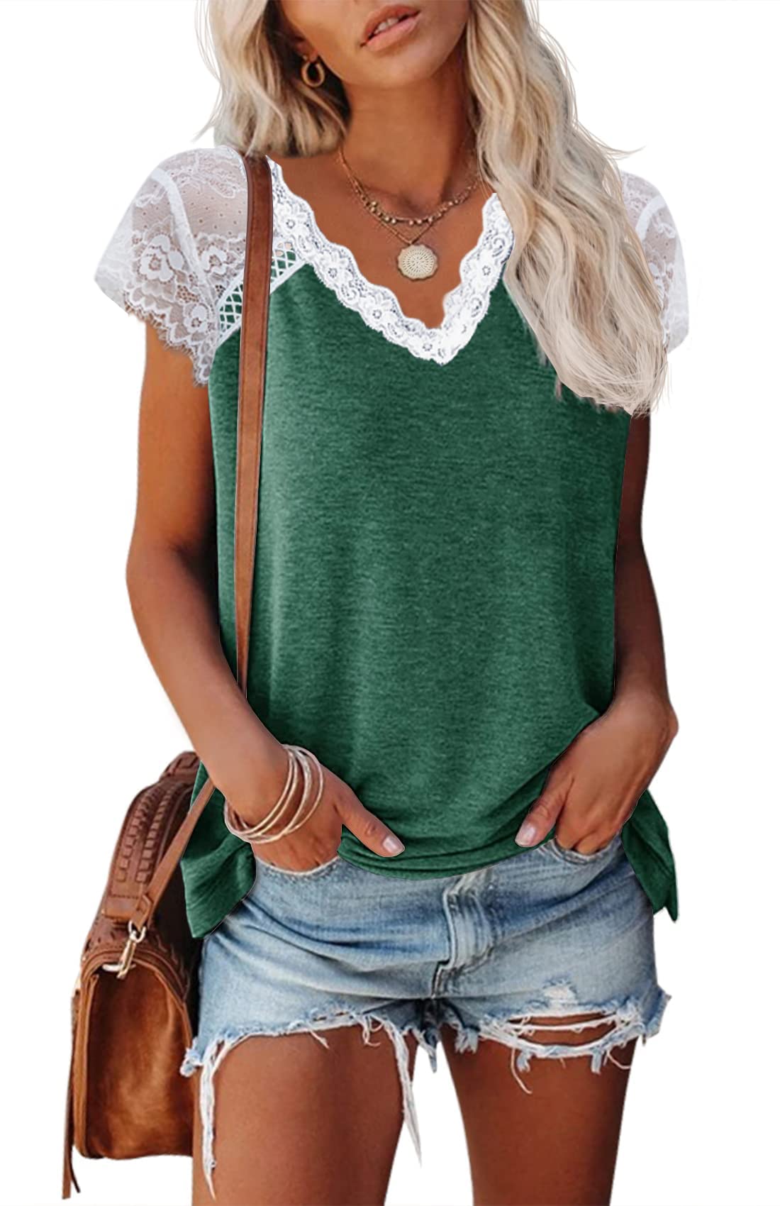 KINLONSAIR Women's Crochet Lace Basic V-Neck T-Shirts Short Sleeve Loose Fitting Tunic Tank Tops