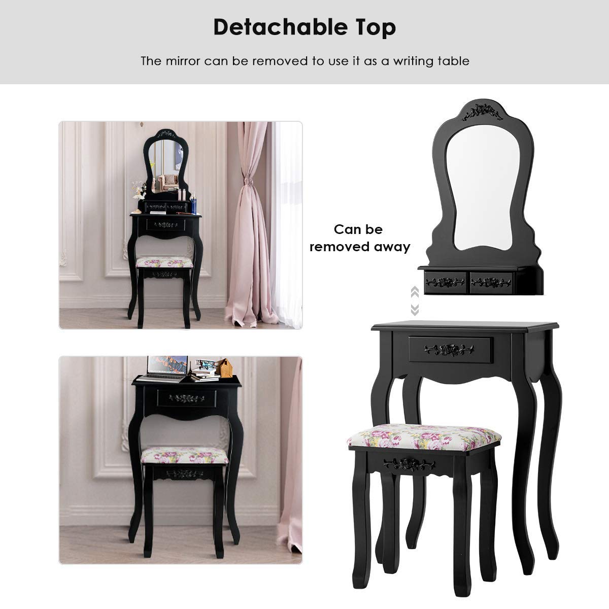 SPSUPE Vanity Table Set with Stool & Mirror, Multifunction Makeup Table Writing Desk with Drawers, Fan-Shaped Mirror & Cushioned Stool, for Home Bedroom Contemporary Dressing Table Desk, White