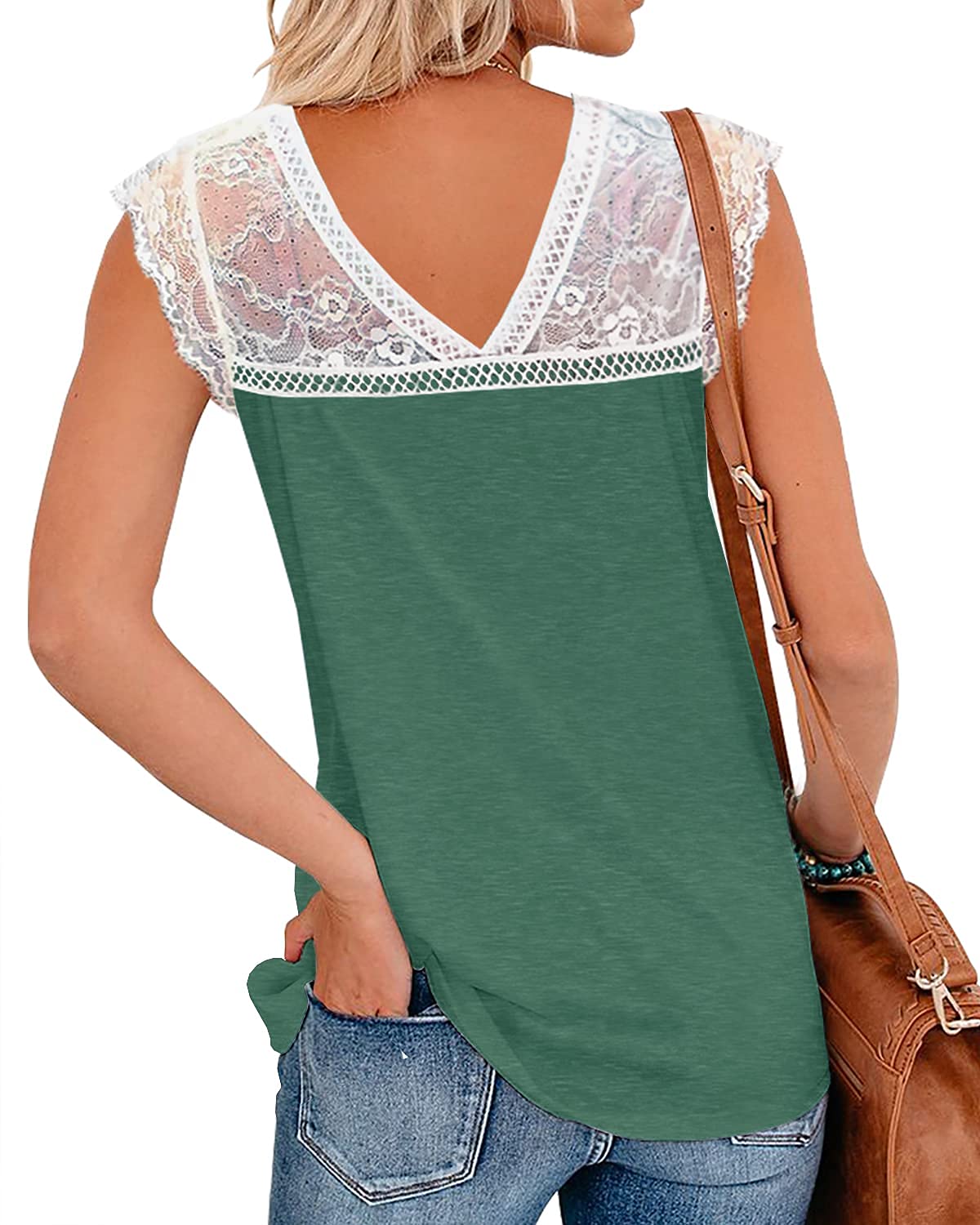 KINLONSAIR Women's Crochet Lace Basic V-Neck T-Shirts Short Sleeve Loose Fitting Tunic Tank Tops