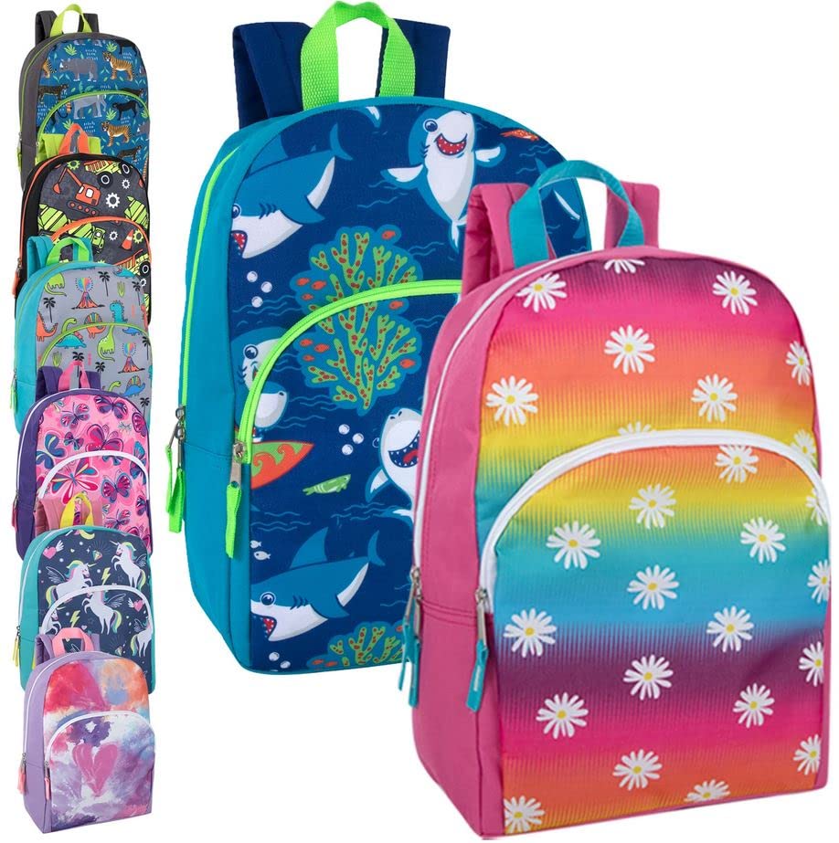 Trail maker 24 Pack Wholesale Kids Backpacks for Boys, Girls Bulk Backpacks with Fun Patterns, Adjustable Padded Straps