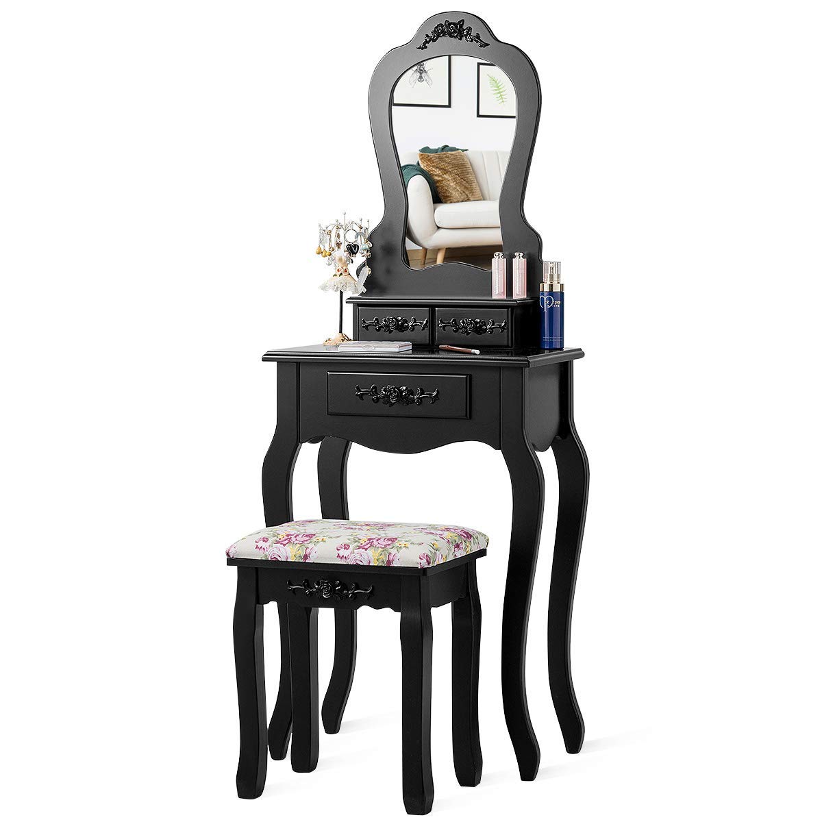 SPSUPE Vanity Table Set with Stool & Mirror, Multifunction Makeup Table Writing Desk with Drawers, Fan-Shaped Mirror & Cushioned Stool, for Home Bedroom Contemporary Dressing Table Desk, White