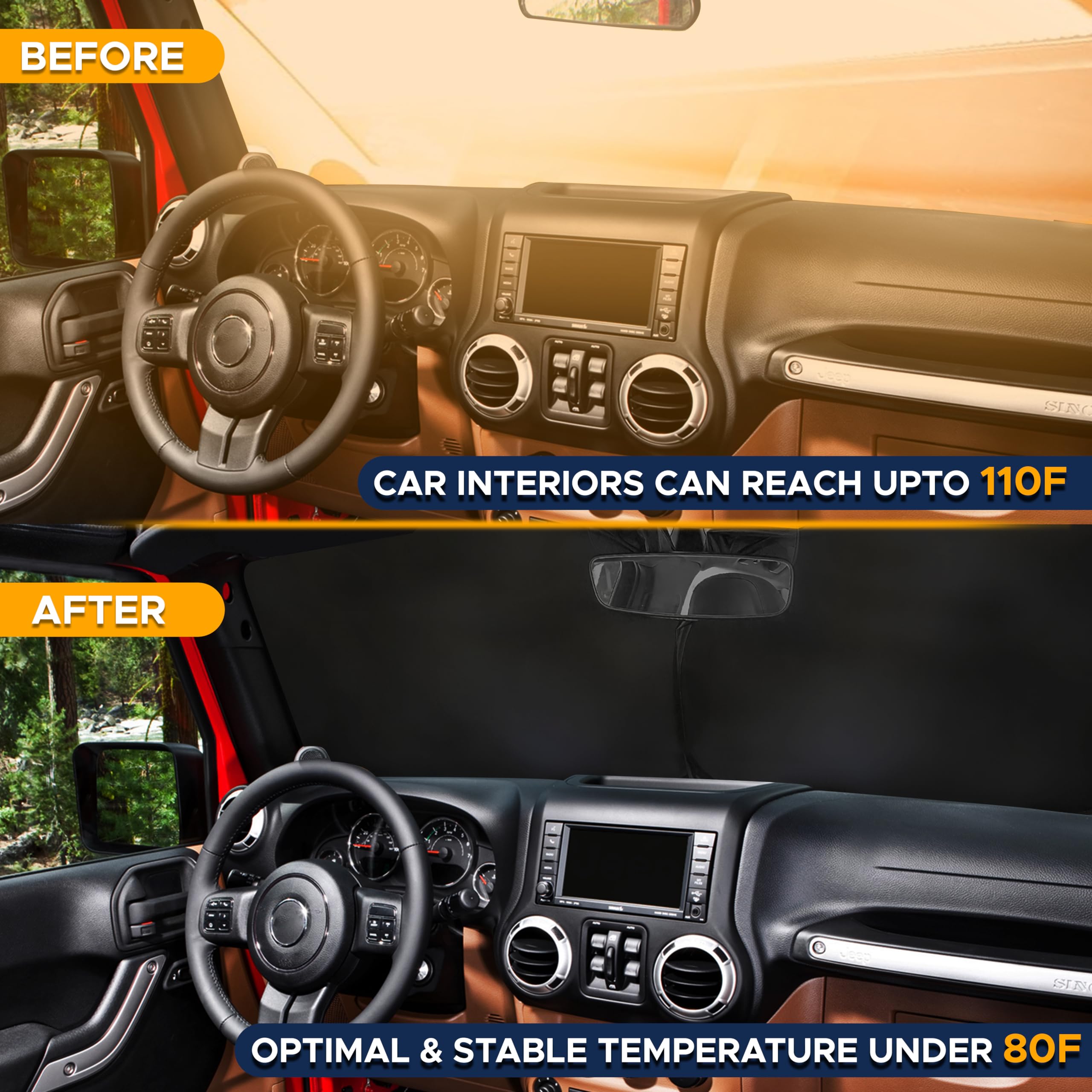 EcoNour Jeep Windshield Sunshade | Sun Visor for UV Rays & Heat Protection | Suitable for Wrangler, Compass, Gladiator & Renegade | Accessories for Jeep Wrangler | X-Small - 60x21 inches