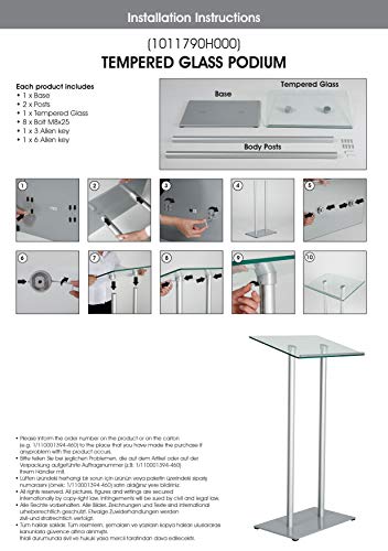 M&T Displays Tempered Clear Glass Podium Black Aluminum Body and Base 43.9 Inch Height Floor Standing Lectern Pulpit Desk