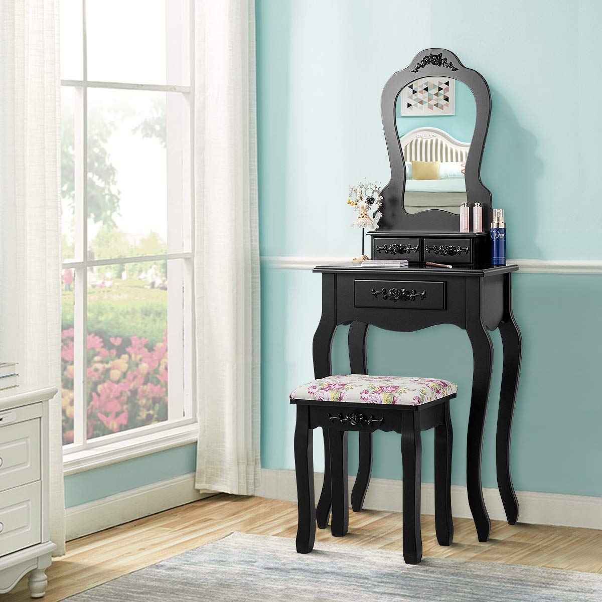 SPSUPE Vanity Table Set with Stool & Mirror, Multifunction Makeup Table Writing Desk with Drawers, Fan-Shaped Mirror & Cushioned Stool, for Home Bedroom Contemporary Dressing Table Desk, White