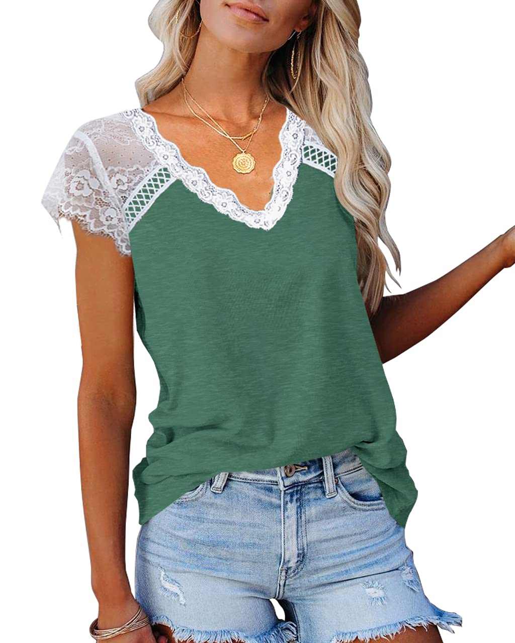KINLONSAIR Women's Crochet Lace Basic V-Neck T-Shirts Short Sleeve Loose Fitting Tunic Tank Tops