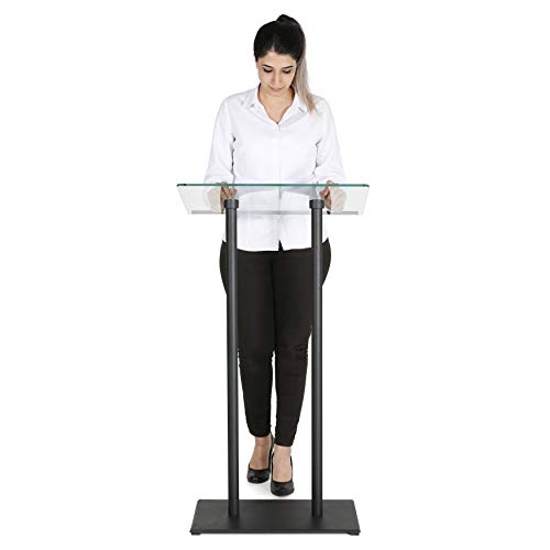 M&T Displays Tempered Clear Glass Podium Black Aluminum Body and Base 43.9 Inch Height Floor Standing Lectern Pulpit Desk