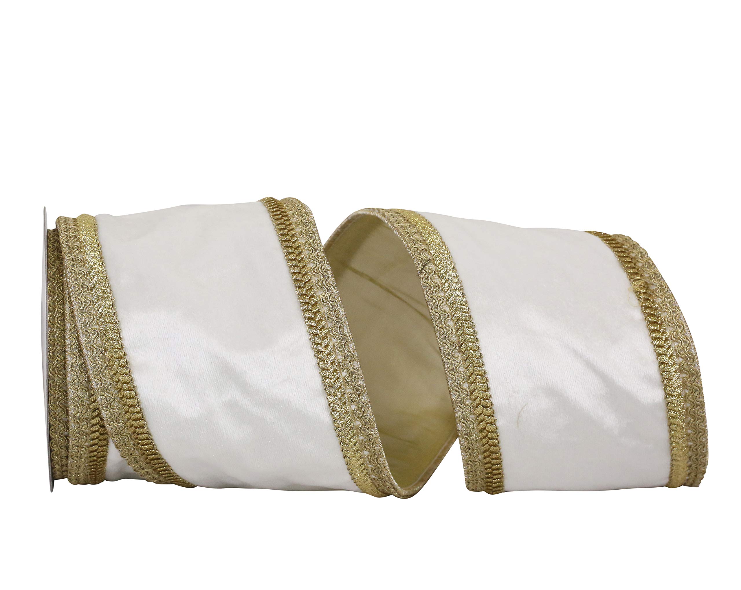 Reliant Ribbon Plush Velvet Trim Wired Edge Ribbon, 4 Inch X 5 Yards, White/Gold