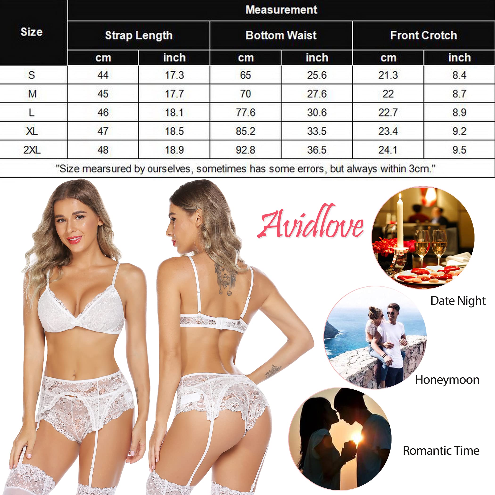 Avidlove Women Lace Lingerie Set with Garter Belts Strap Babydoll Bralette Bra and Panty Set (L Pure White)