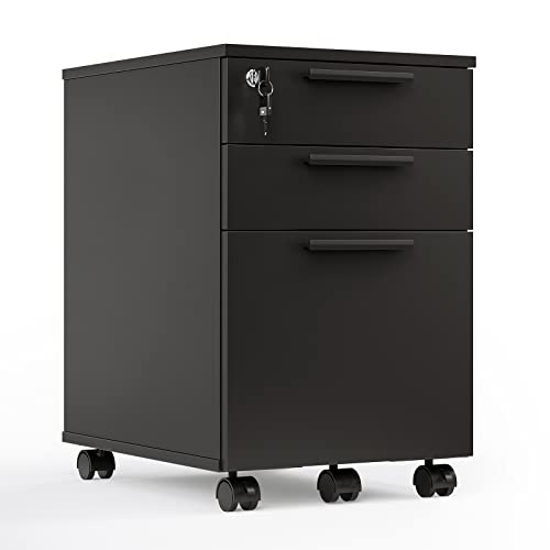STARY 3 Drawer Wood Fully Assembled Except for Casters Black Rolling Lock Under Desk File Cabinet on Wheels