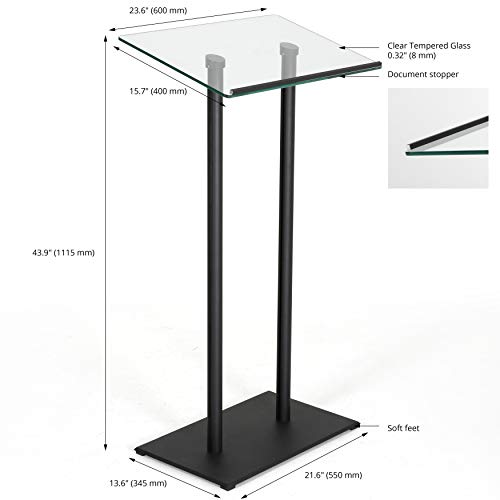 M&T Displays Tempered Clear Glass Podium Black Aluminum Body and Base 43.9 Inch Height Floor Standing Lectern Pulpit Desk