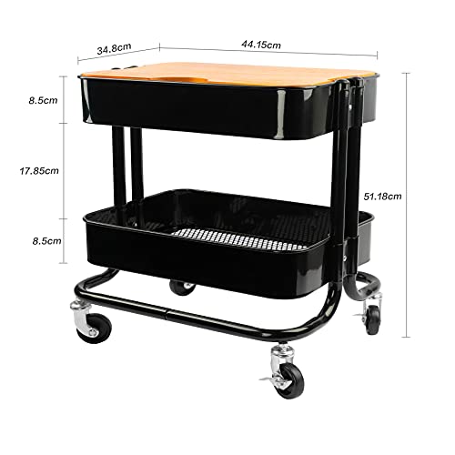 2 Tier Utility Cart,Metal Rolling Cart with Wheels and Cover for Office Home Kitchen Organization (Black-1, 2 Tier)