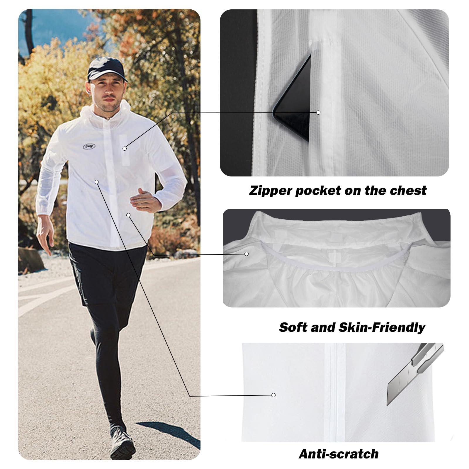 Dooy Sun Protection Jacket Ultra Light Thin Breathable Packable Outdoor Cycling Jacket Hoodie Skin Clothing for Men & Women(White,2XL)