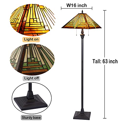 COTOSS Tiffany Floor Lamp,Mission Style 16" Wide Stained Glass Floor Light for Reading,Antique 2 Lights Standing Tall Lamp for Living Room Bedroom