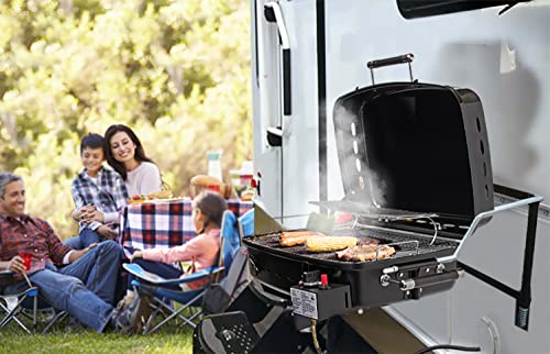 Flame King RV Or Trailer Mounted BBQ - Motorhome Gas Grill - 214 Sq Inch Cooking Surface - Adjustable Flame Controller & 48 Inch Quick Connect Hose