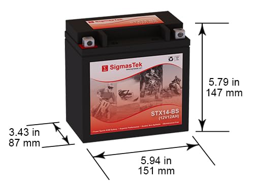 SigmasTek STX14-BS Powersport Battery Compatible With Honda 420CC TRX420 Rancher 4x4, 2007-2009 ATV, 12V 12AH, 200 CCA