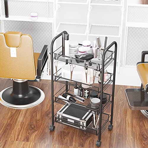 DEVO 4 Tier Metal Mesh Rolling Cart, Storage Organizer cart with 4 Side Hooks, Utility Carts with Lockable Wheels, for Home Kitchen Office Classroom (Black 1)