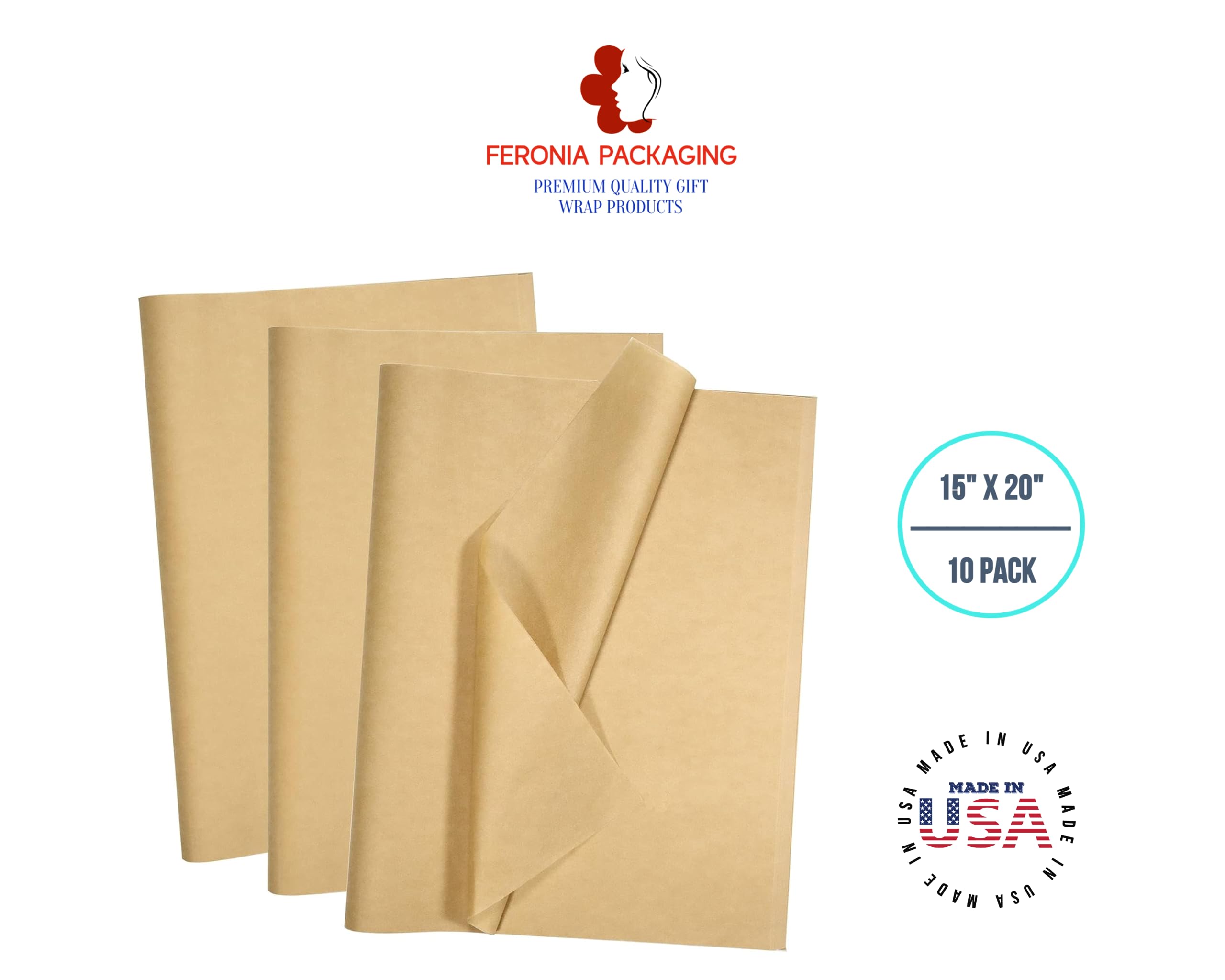 Gift Wrap Tissue Paper 10 Sheets, Premium Gift Wrap and Art Supplies for Birthdays, Holidays, or Presents by Feronia packaging, Large 15 Inch x 20 Inch Made in USA (Solid Kraft)