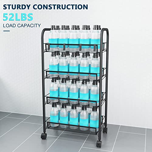 DEVO 4 Tier Metal Mesh Rolling Cart, Storage Organizer cart with 4 Side Hooks, Utility Carts with Lockable Wheels, for Home Kitchen Office Classroom (Black 1)