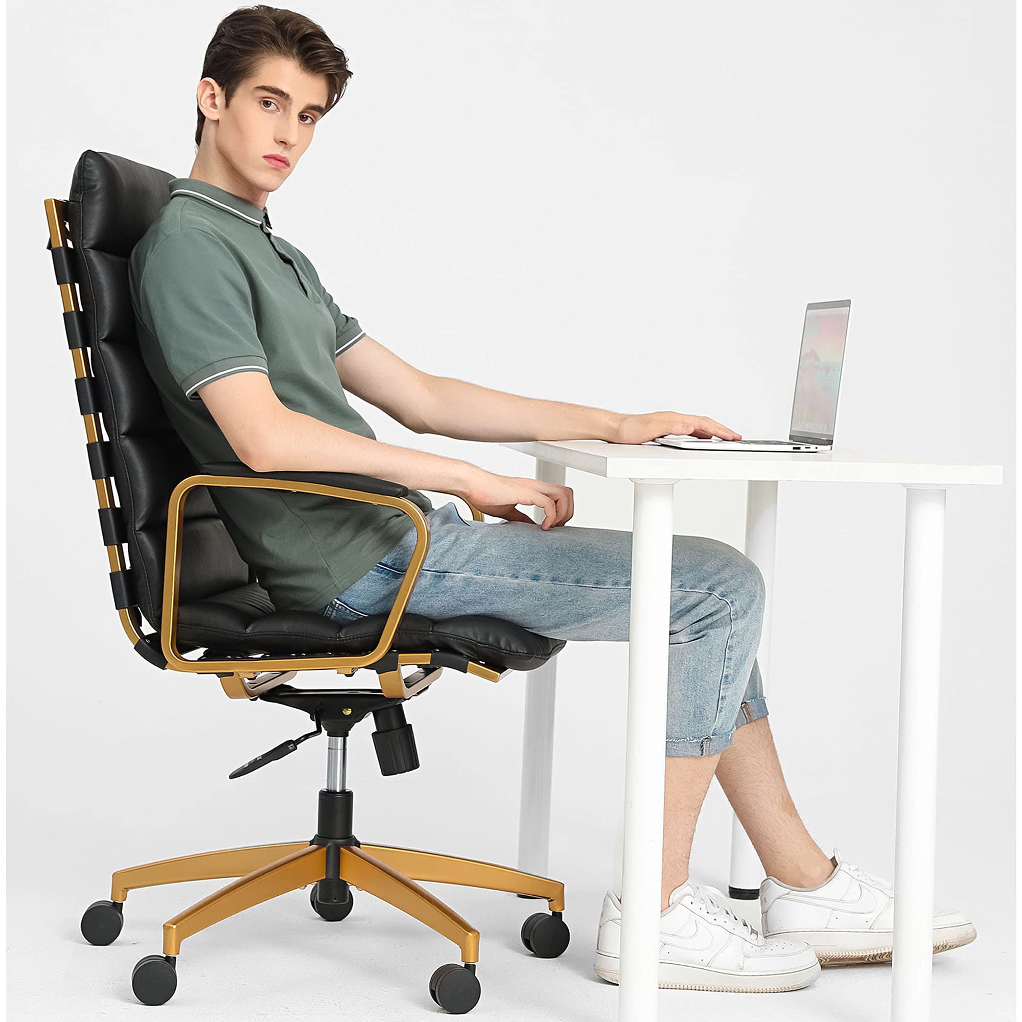 LUXMOD Office Chair, high Back Desk Chair for Removable Cover and Lumbar Support, Black Executive Chair, Ribbed Office Chair with Leather, Ergonomic Office Chair Leather Black
