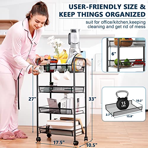 DEVO 4 Tier Metal Mesh Rolling Cart, Storage Organizer cart with 4 Side Hooks, Utility Carts with Lockable Wheels, for Home Kitchen Office Classroom (Black 1)