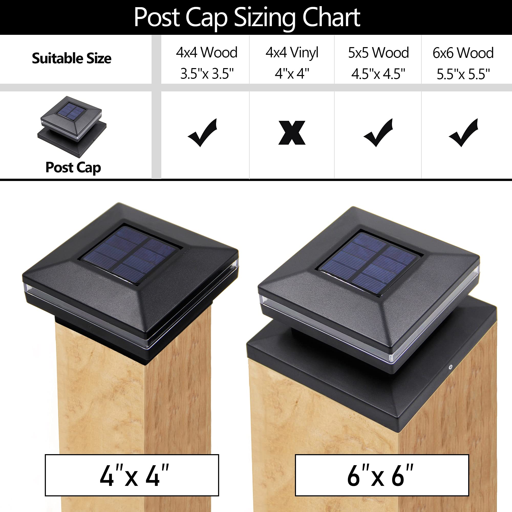 MAGGIFT 6 Pack Solar Post Lights, 15 Lumen Outdoor Post Cap Light for Fence Deck or Patio, Solar Powered Caps, Warm White High Brightness SMD LED Lighting, Lamp Fits 4x4, 5x5 or 6x6 Wooden Posts