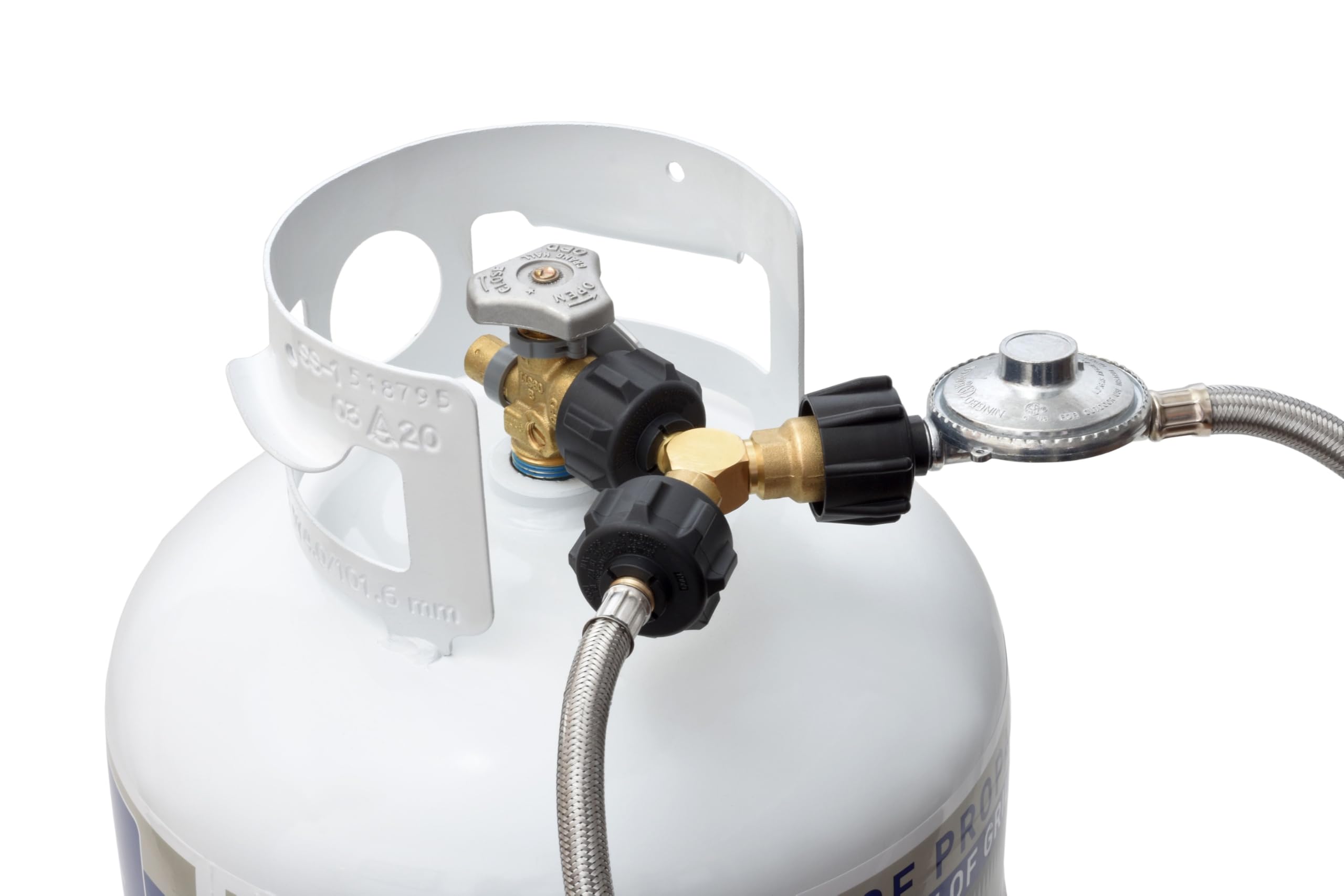 Flame King Propane Tank Y Splitter Adapter with Valves, 2-Way LP Gas Connector for 20lb Propane Tank Cylinders, Works with BBQ Grills, Camping Stoves, Gas Burners, Heaters