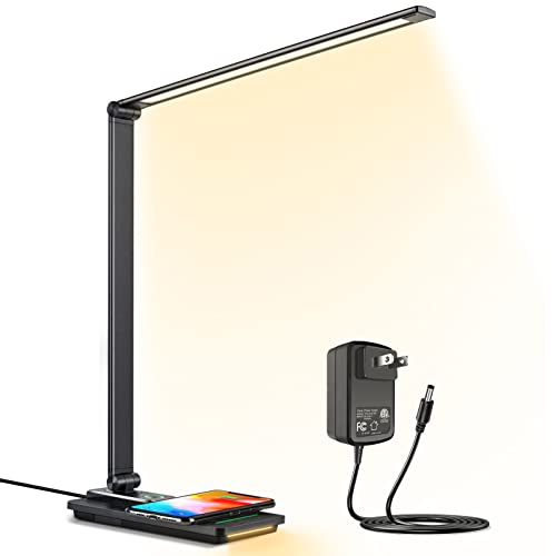 JOSTIC Led Desk lamp with Fast Wireless Charger, Night Lighting, USB Charging Port, 10 Brightness 5 Color, Natural Light Eye Caring Reading Lamp, Desk Light for Home Office, Bedside Table Lamp, Black