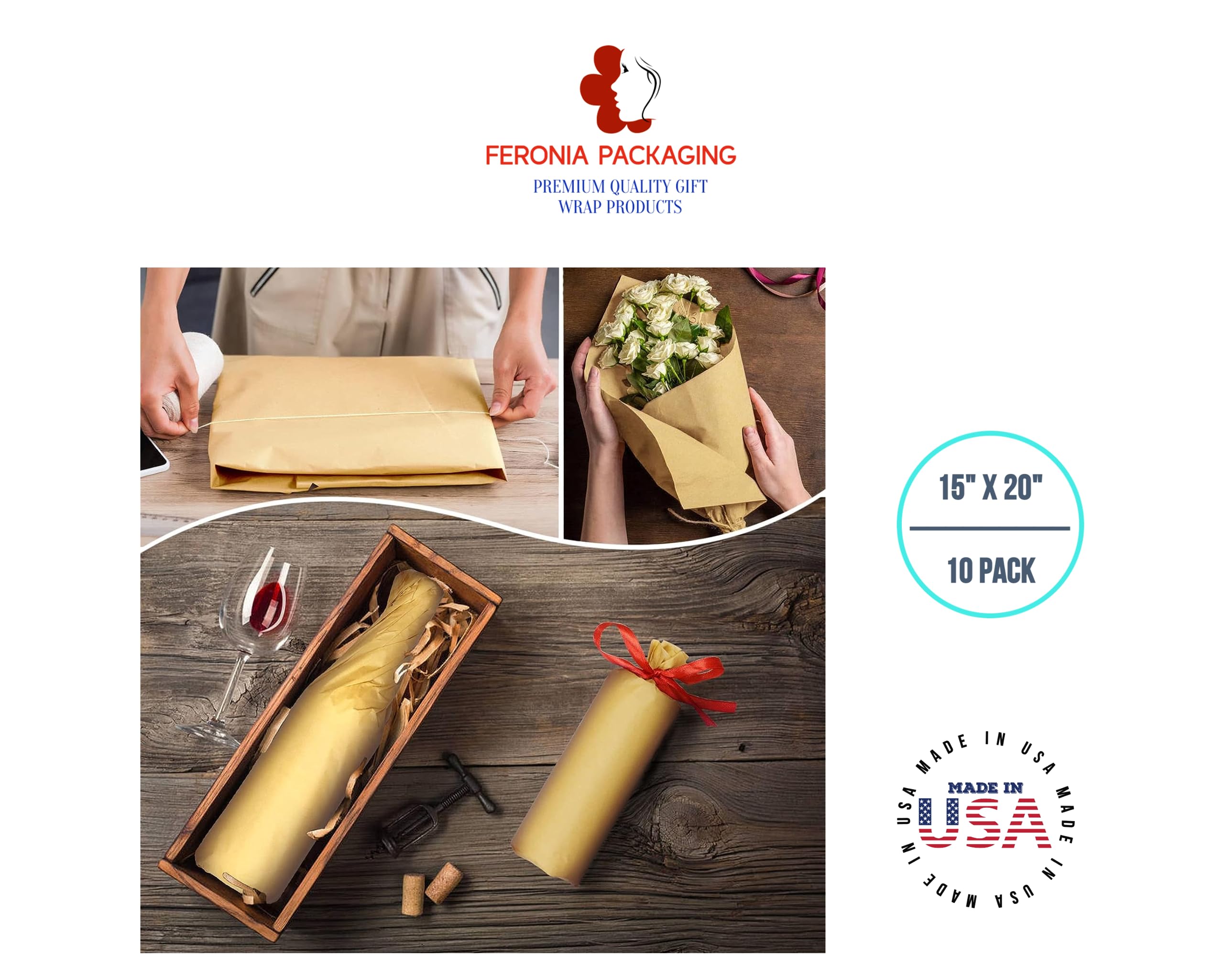 Gift Wrap Tissue Paper 10 Sheets, Premium Gift Wrap and Art Supplies for Birthdays, Holidays, or Presents by Feronia packaging, Large 15 Inch x 20 Inch Made in USA (Solid Kraft)