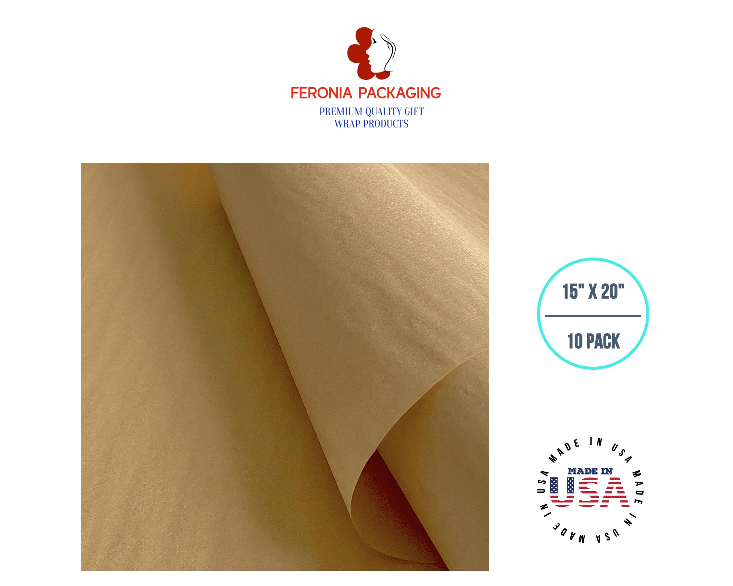 Gift Wrap Tissue Paper 10 Sheets, Premium Gift Wrap and Art Supplies for Birthdays, Holidays, or Presents by Feronia packaging, Large 15 Inch x 20 Inch Made in USA (Solid Kraft)