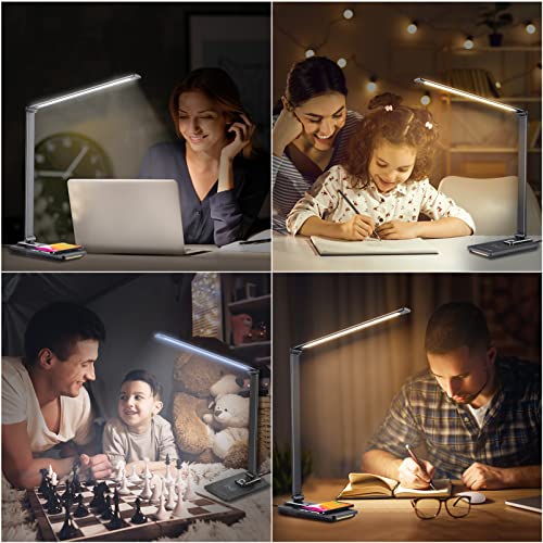 JOSTIC Led Desk lamp with Fast Wireless Charger, Night Lighting, USB Charging Port, 10 Brightness 5 Color, Natural Light Eye Caring Reading Lamp, Desk Light for Home Office, Bedside Table Lamp, Black