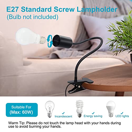 2PCS Clip Desk Lamp Holder, 9mm Flexible Aluminum Wire Neck Clip on Light, Adjustable Gooseneck E26/E27 Lamp Socket Clamp Desk Lamps, Clamp Reading Light Bulb for Reptiles Plant Grow Aquarium Light