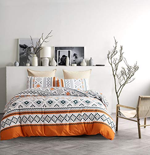 YFISAN Bohemian Duvet Cover Set Queen Size Orange Full Boho Comforter Cover Set Western 3 Pieces Geometric Lightweight Soft Breathable Farmhouse Bedding Duvet Cover Set White (Style 4, Queen，90"x90")