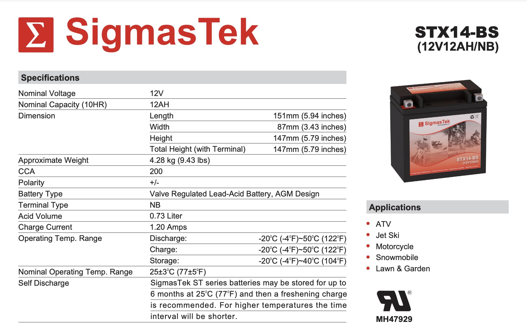 SigmasTek STX14-BS Powersport Battery Compatible With Honda 500CC TRX500FE, FM, TM FourTrax Foreman ES, 4x4, 2005-2010 ATV, 12V 12AH, 200 CCA