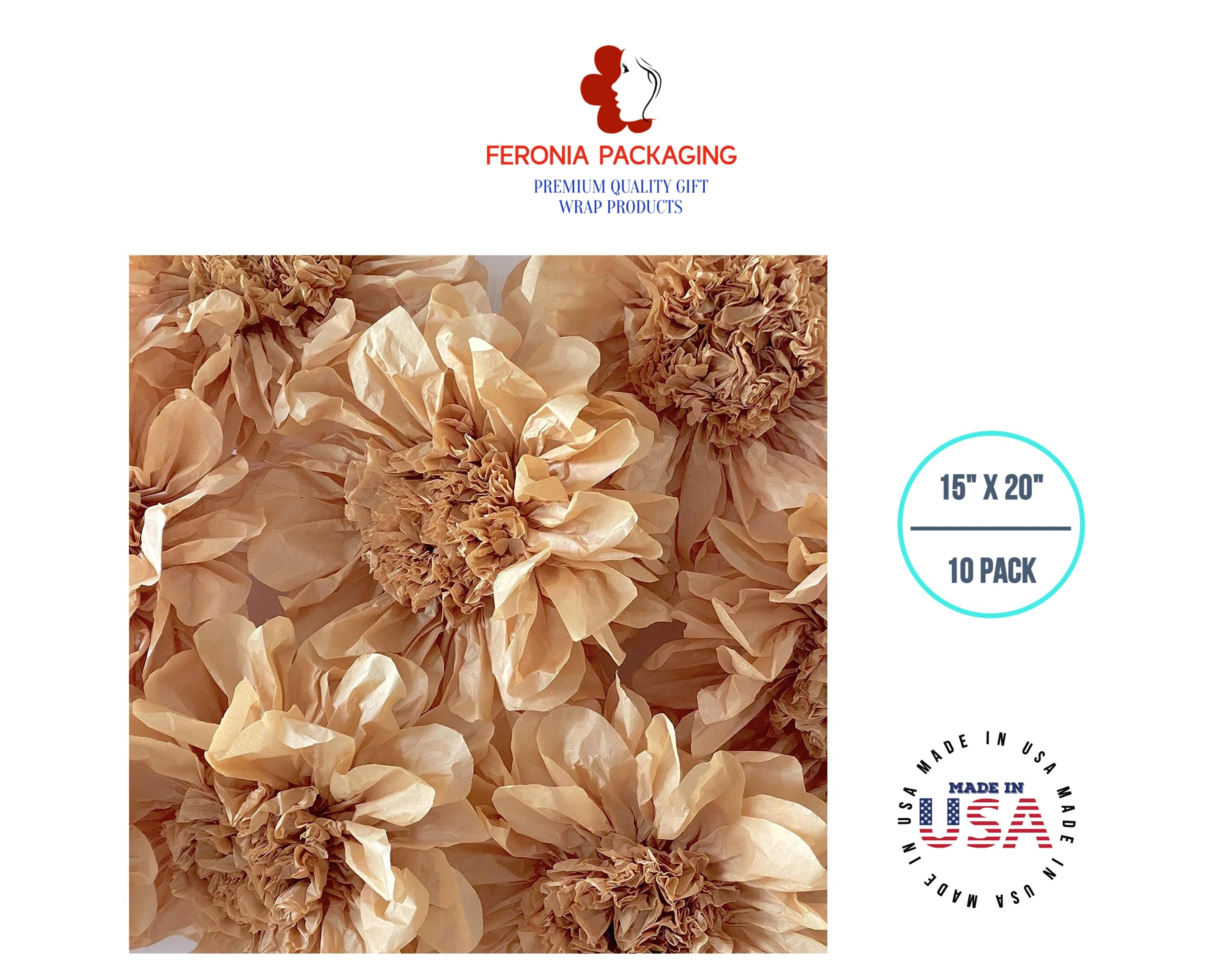 Gift Wrap Tissue Paper 10 Sheets, Premium Gift Wrap and Art Supplies for Birthdays, Holidays, or Presents by Feronia packaging, Large 15 Inch x 20 Inch Made in USA (Solid Kraft)