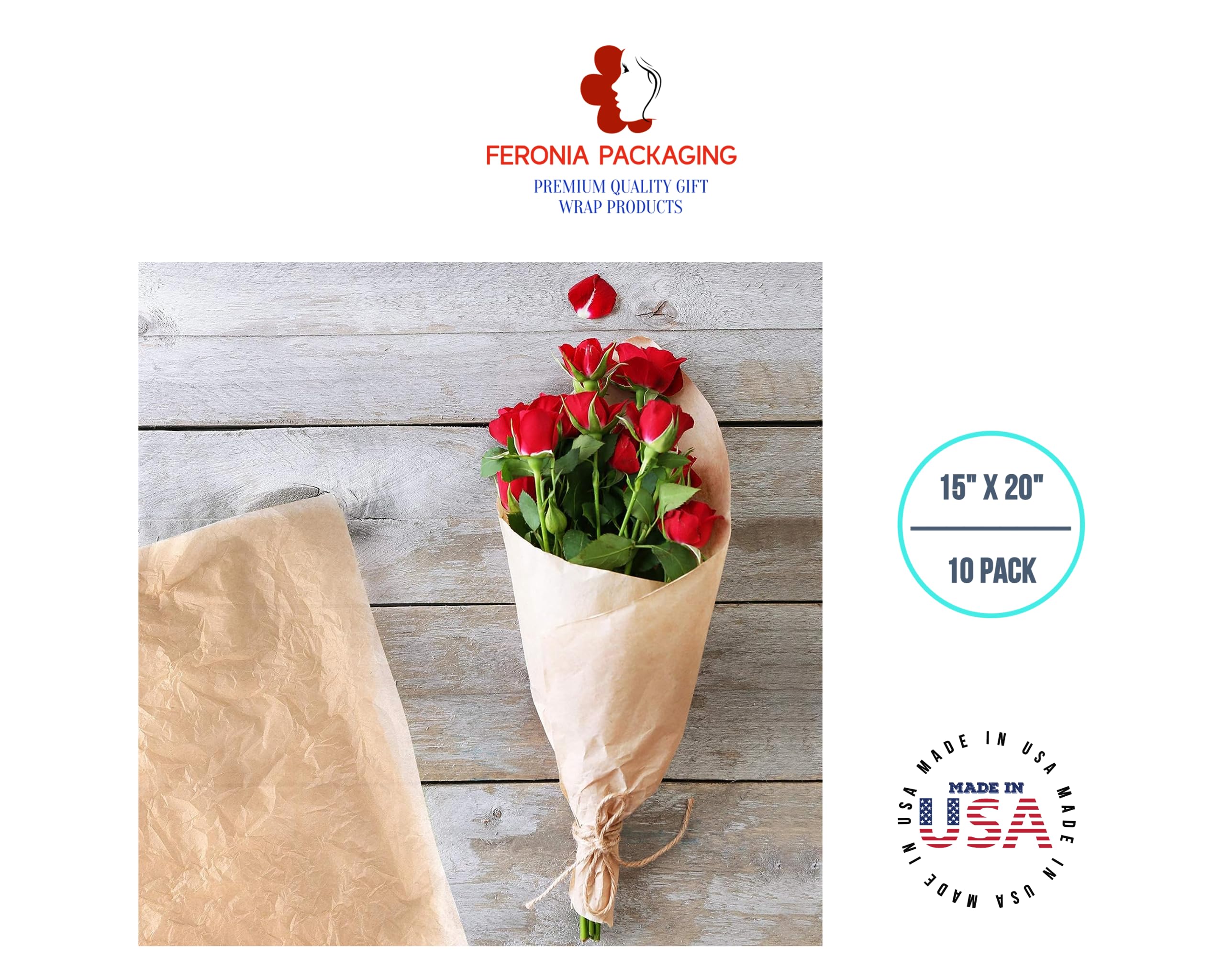 Gift Wrap Tissue Paper 10 Sheets, Premium Gift Wrap and Art Supplies for Birthdays, Holidays, or Presents by Feronia packaging, Large 15 Inch x 20 Inch Made in USA (Solid Kraft)